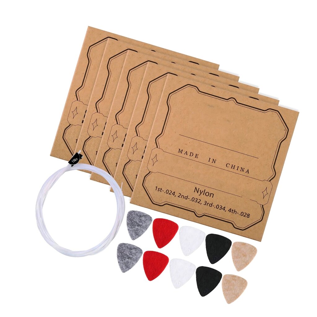 Набор из 5 нейлоновых струн для укулеле с 10 медиаторами из мягкого фетра для разных размеров укулеле