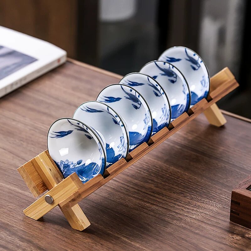 Сине-белые конические чашки для кунг-фу чая, набор из 6 штук с подставкой, керамические чашки с полноцветной имитацией