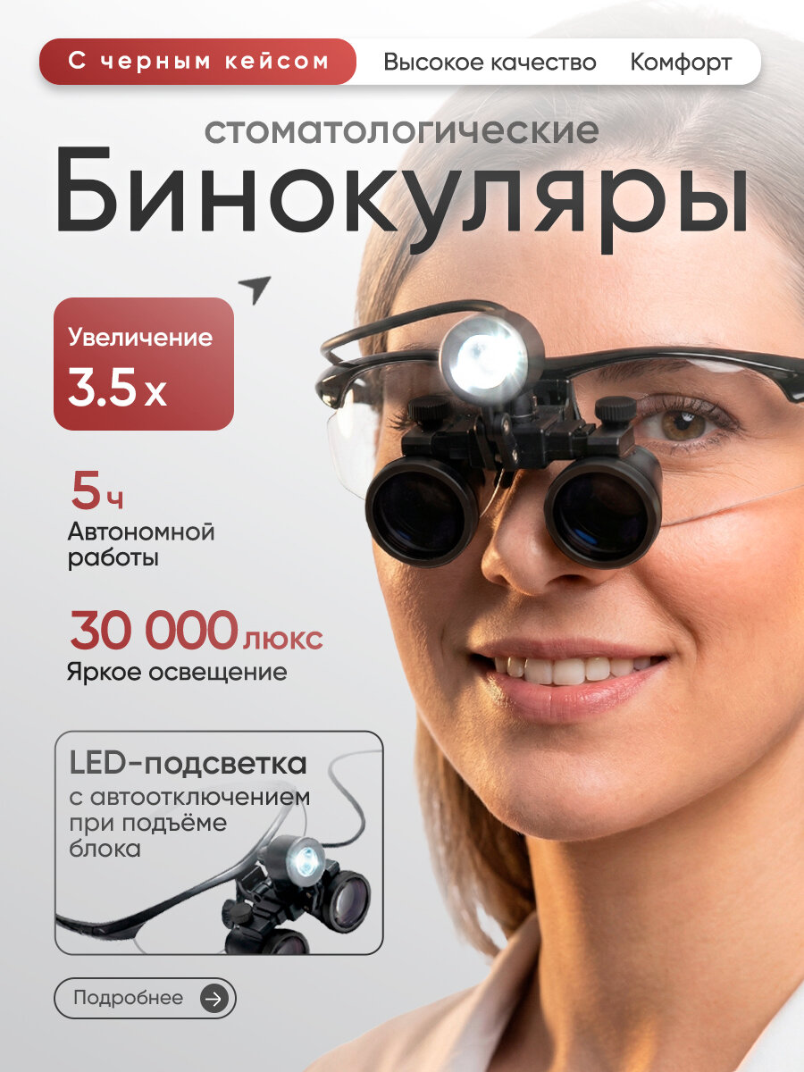 Стоматологические бинокуляры, 3.5-кратное увеличение LED, черный кейс