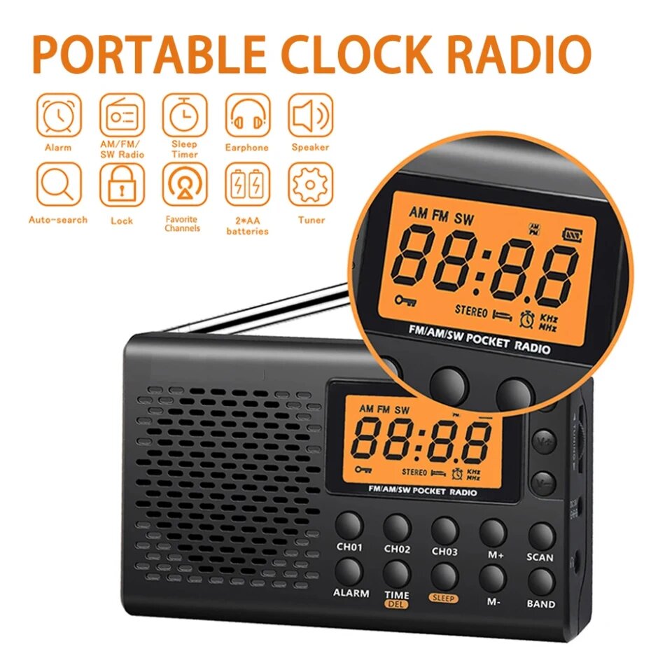 Высокочувствительный светодиодный дисплей Радио AM /FM /SW с 3-полосным радиоприемником Портативный многофункциональный радиоприемник с выдвижной антенной