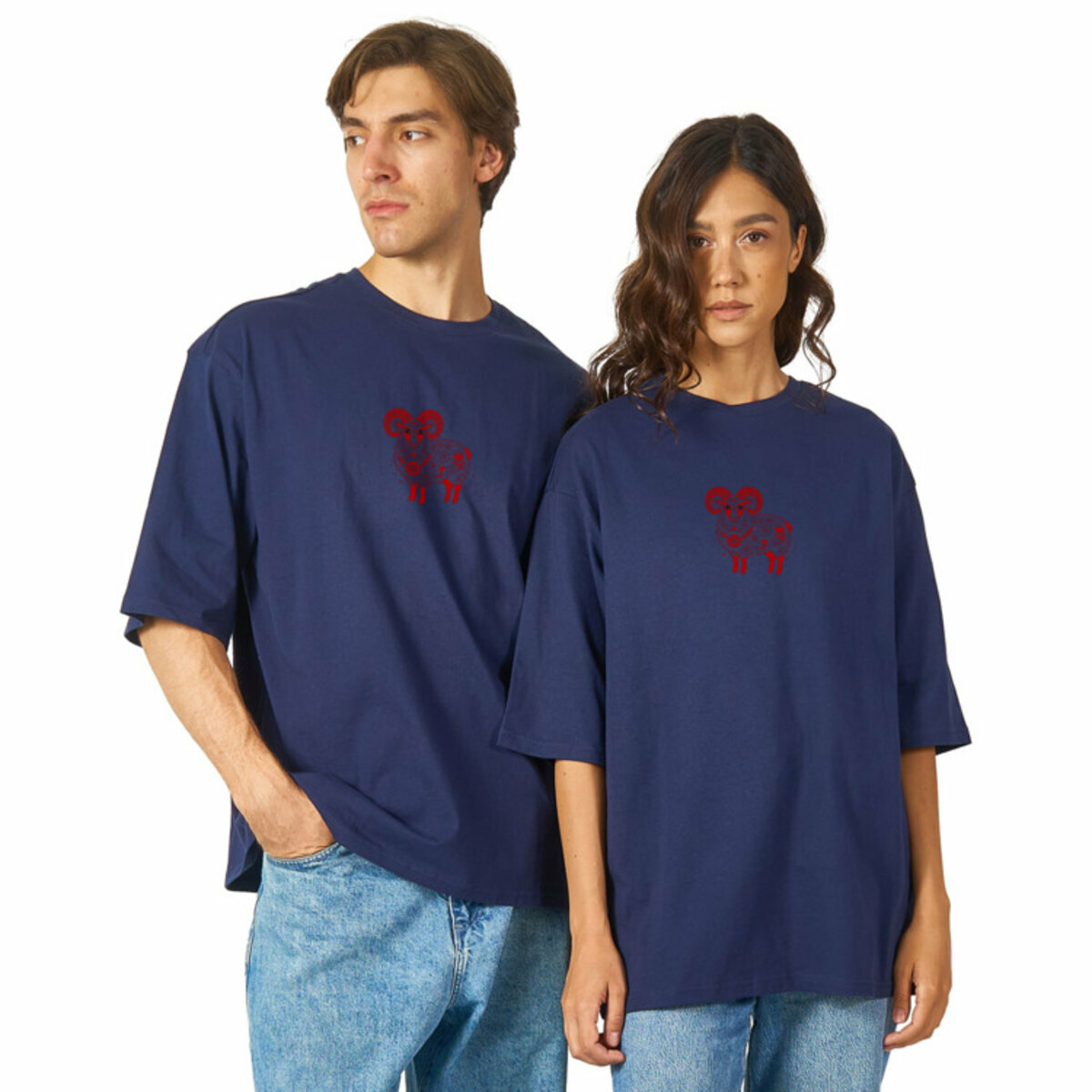 Футболка темно-синяя оверсайз «огненная овца баран узор орнамент русский стиль»