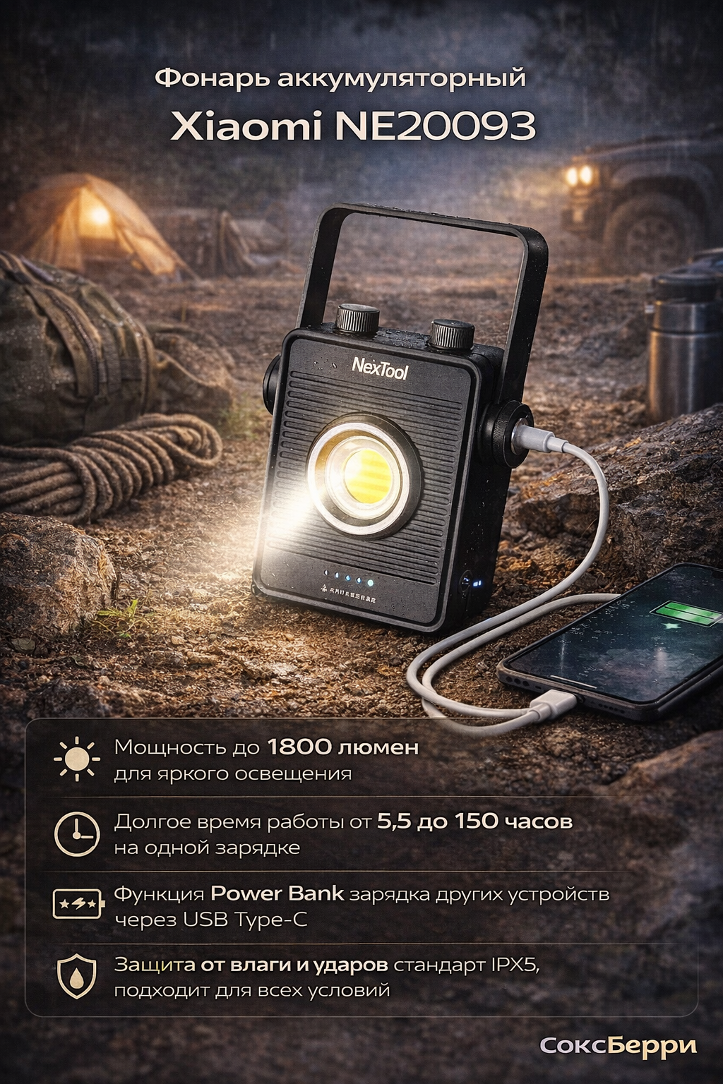 Фонарь аккумуляторный кемпинговый светодиодный NexTool Outdoor Light NE20093 с Power Bank
