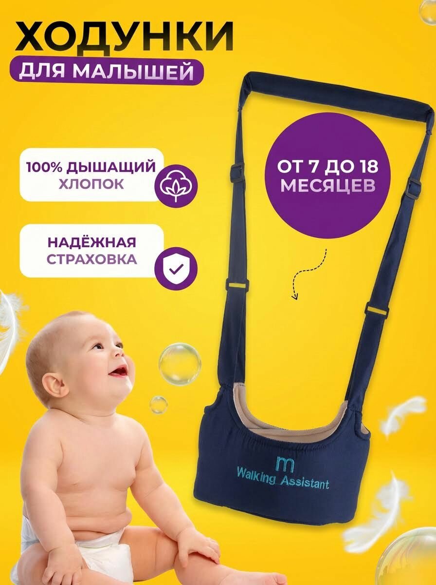 Вожжи для детей "первые шаги" для поддержки и безопасности малышей при ходьбе, детский поводок, ходунки, прыгунки, страховка, синий, Universal-Sale