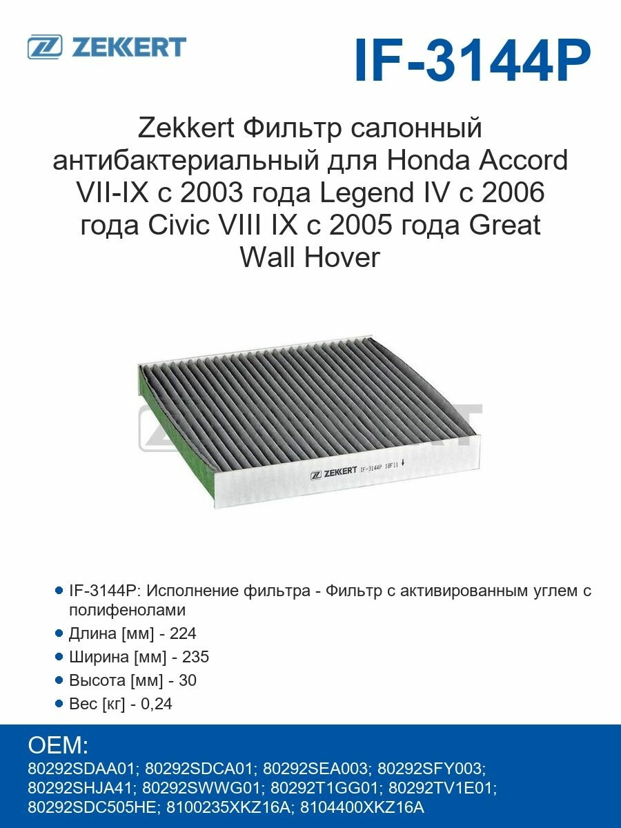 Zekkert Фильтр салонный антибактериальный для Honda Accord VII-IX с 2003 года Legend IV с 2006 года Civic VIII IX с 2005 года Great Wall Hover