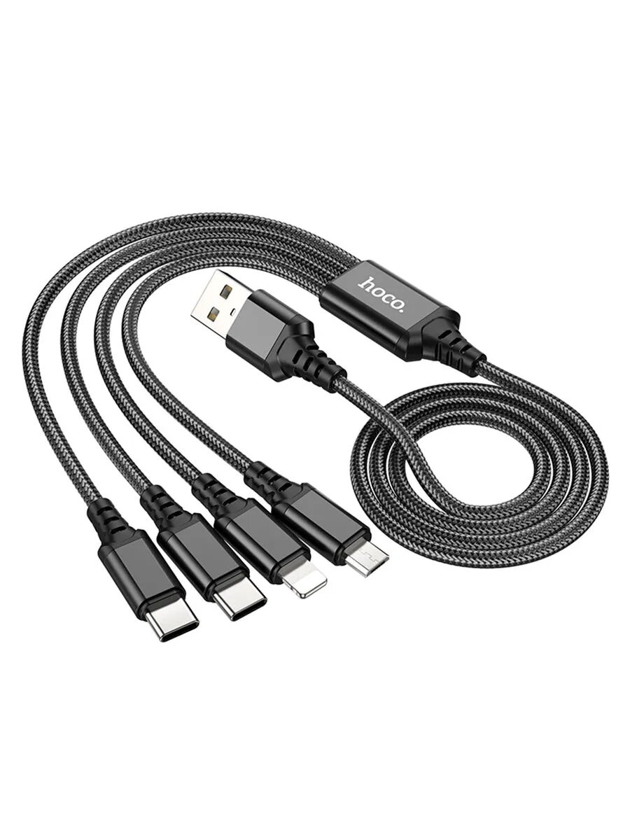 Кабель плетеный Hoco X76 4в1 USB to Lightning+microUSB+2*Type-C, 2А, 1 метр, черный (для старых Android и iPhone)