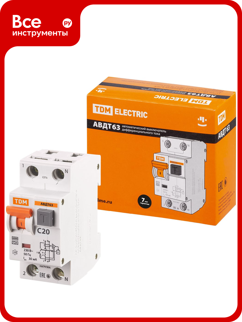 Автоматический выключатель дифференциального тока TDM ELECTRIC АВДТ 63 2P C 20А 30мА SQ0202-0003