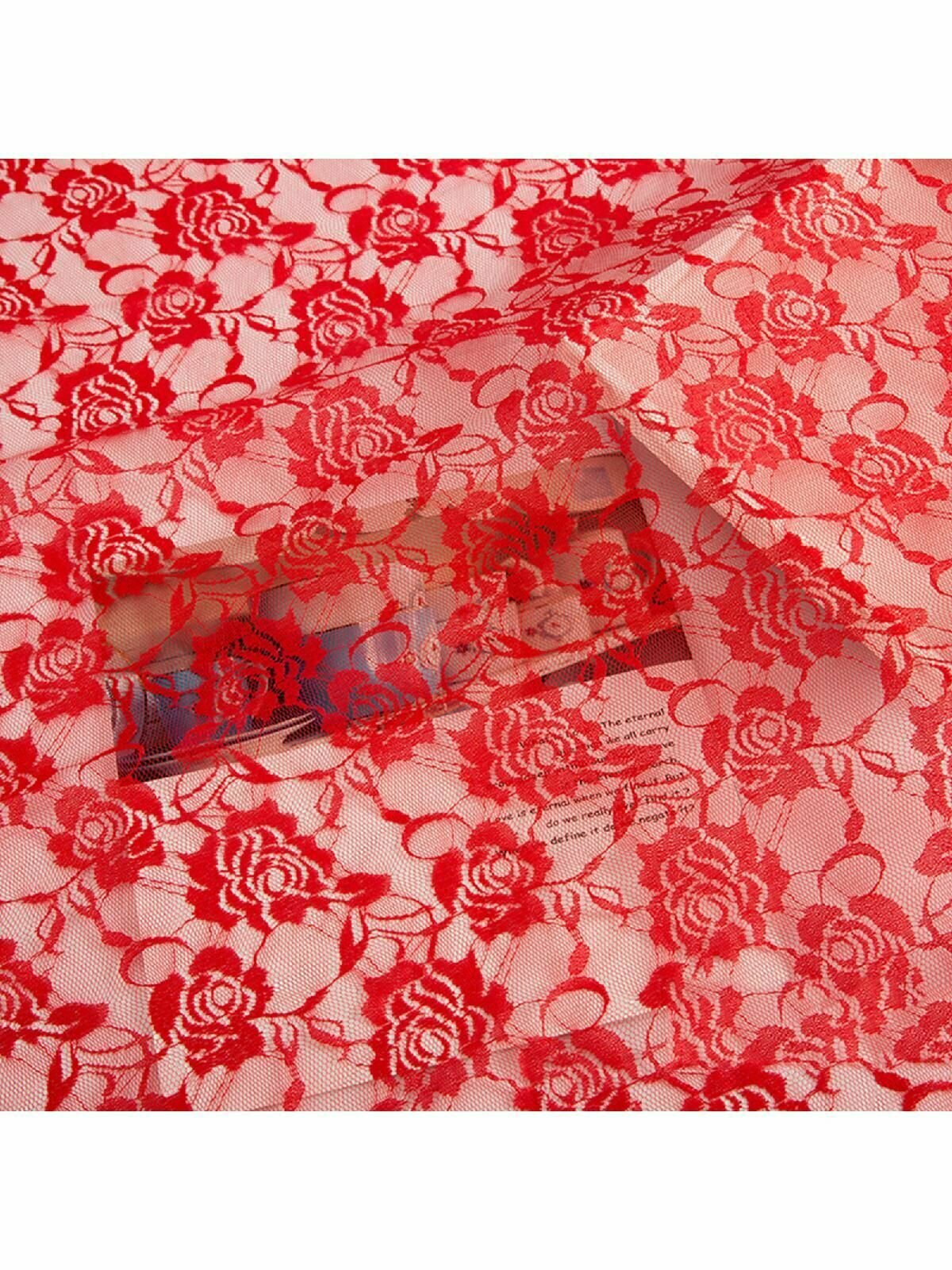 Вышитая кружевная ткань с цветами, красный