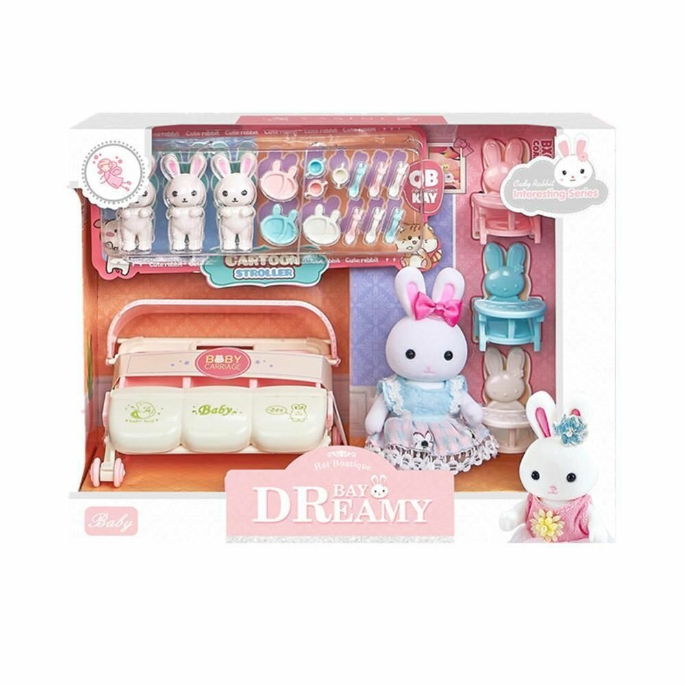 Игровой набор фигурок животных Семья зайчиков, 4 фигурки, игрушечная коляска