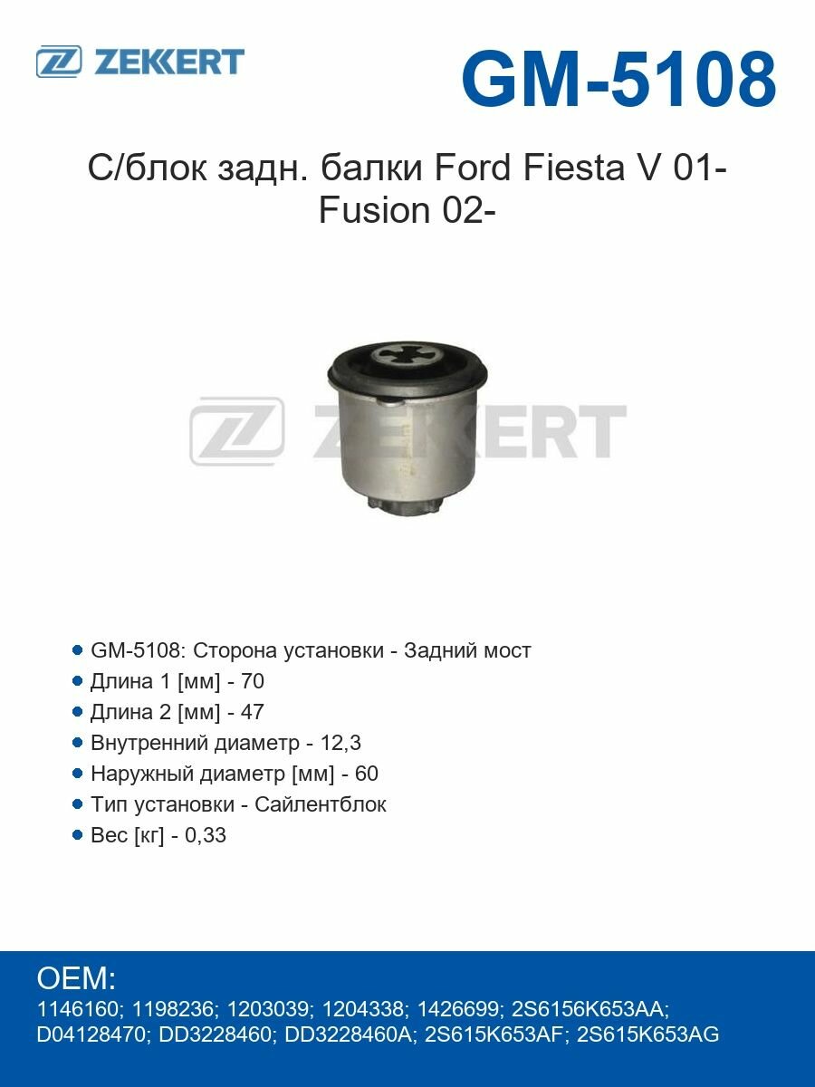 Zekkert Сайлентблок заднего балки для Ford Fiesta V с 2001 года Fusion с 2002 года