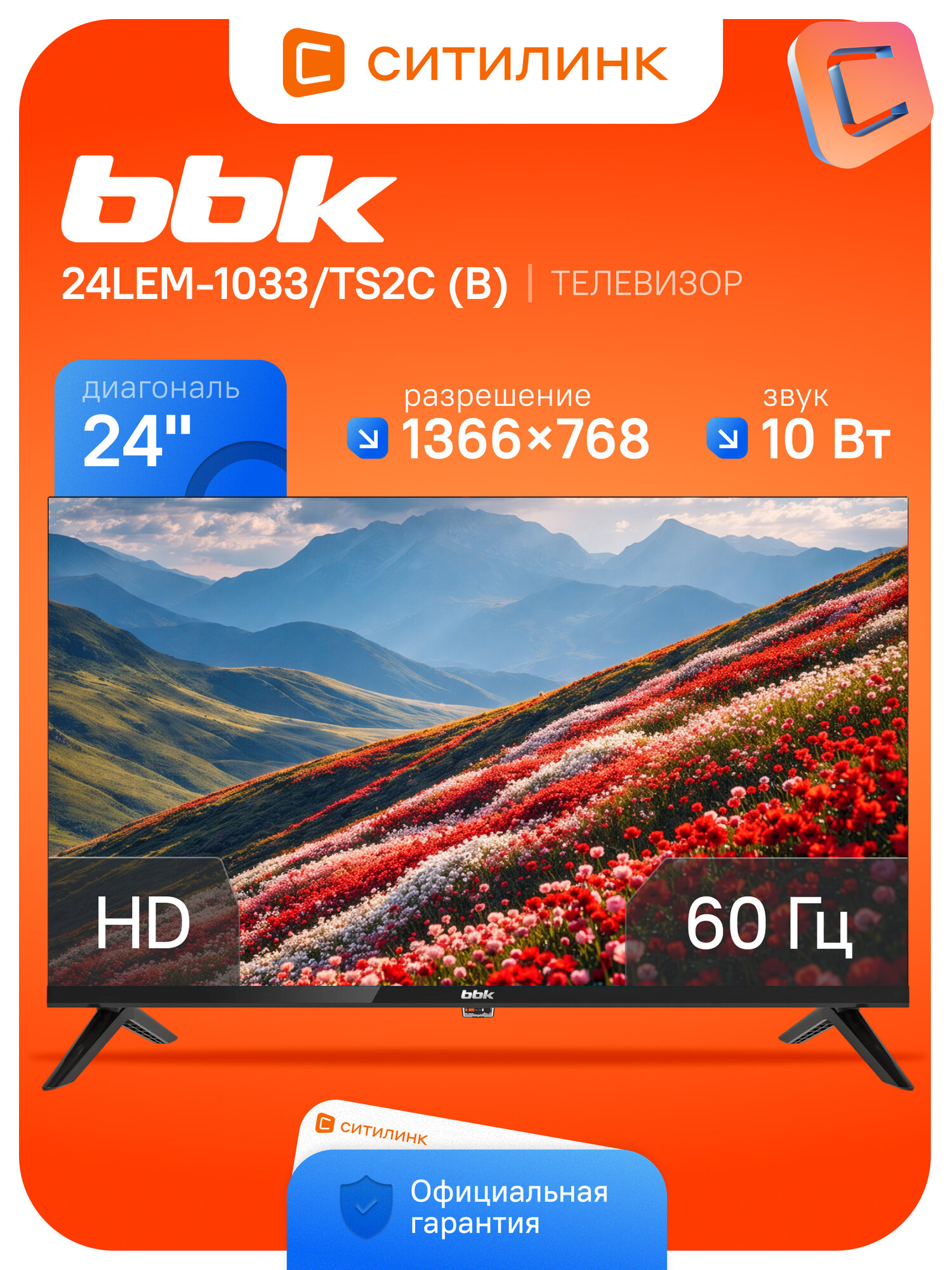 Телевизор BBK 24LEM-1033/TS2C (B) 24" (61 см) HD LED, DVB-T2/C/S2, безрамочный, 60 Гц, для кухни, черный