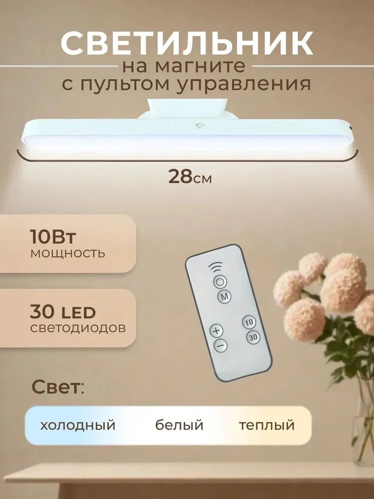 Настенный светодиодный светильник на магните 10 Вт с пультом, для кухни и гостиной, пластиковый, белый, 28 см