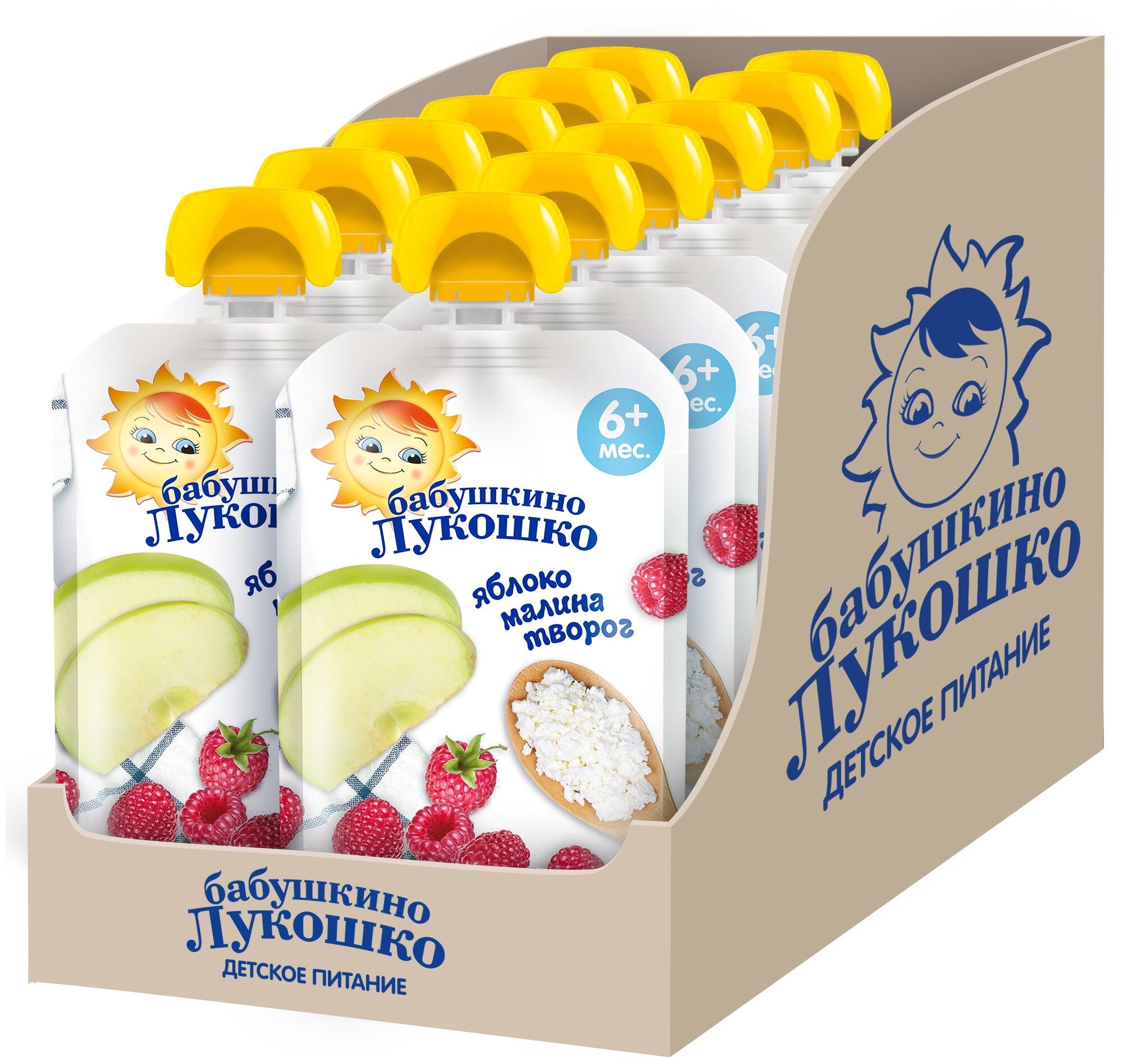 Бабушкино Лукошко яблоко, малина, творог, с 6 месяцев, 90 г, 90 г, 12 шт.