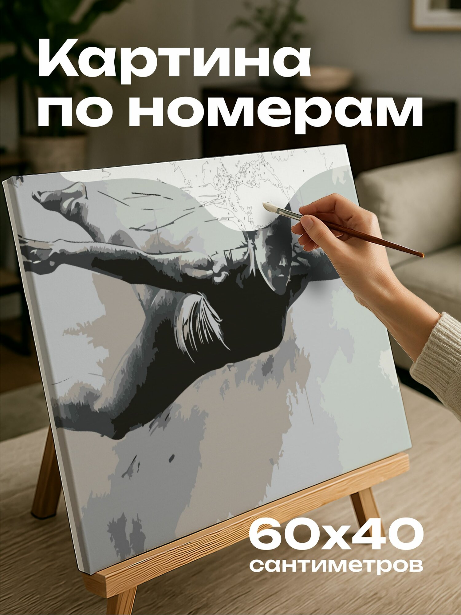 Картина по номерам 60x40 см, гимнастка, уголь, позы, трюки, серия, гравитация, растушевка, текстура, сила, ловкость