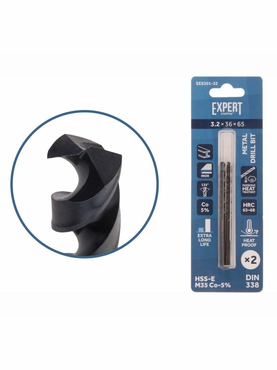 Сверло по металлу 3.2х36х65 мм HSS-Co, комплект из 2-х шт Black EXPERT STARTUL