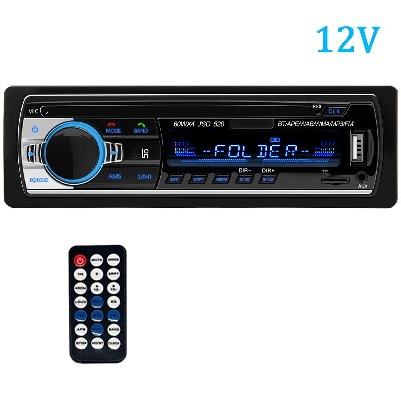 Автомобильный Радиоприемник 1 DIN, Bluetooth, MP3-плеер, Цифровой, 60Wx4, FM, Стерео, Аудио, 12V