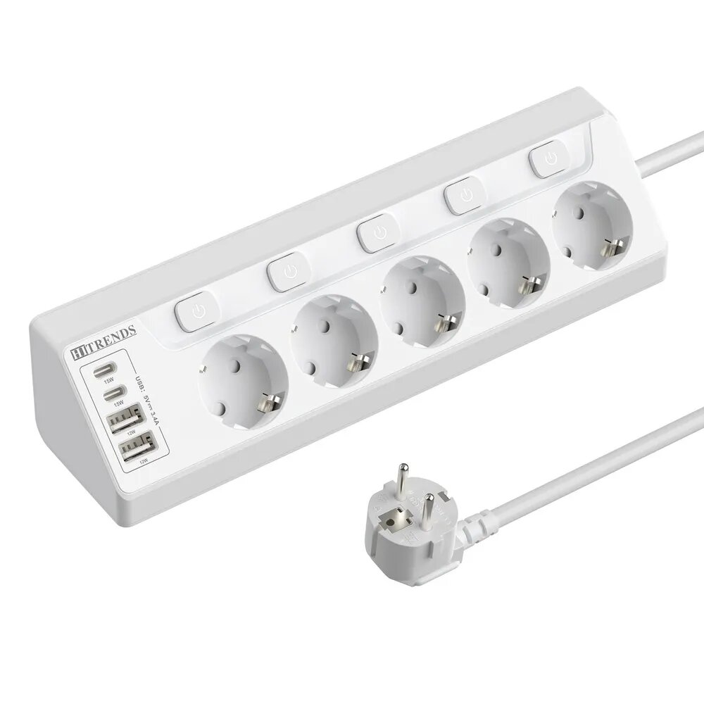 HITRENDS Удлинитель с 5 розетками и 2 USB + 2 Type-C, индивидуальные выключатели, защита от перегрузки, 4000W 16A 250V, огнестойкий и пылезащитный