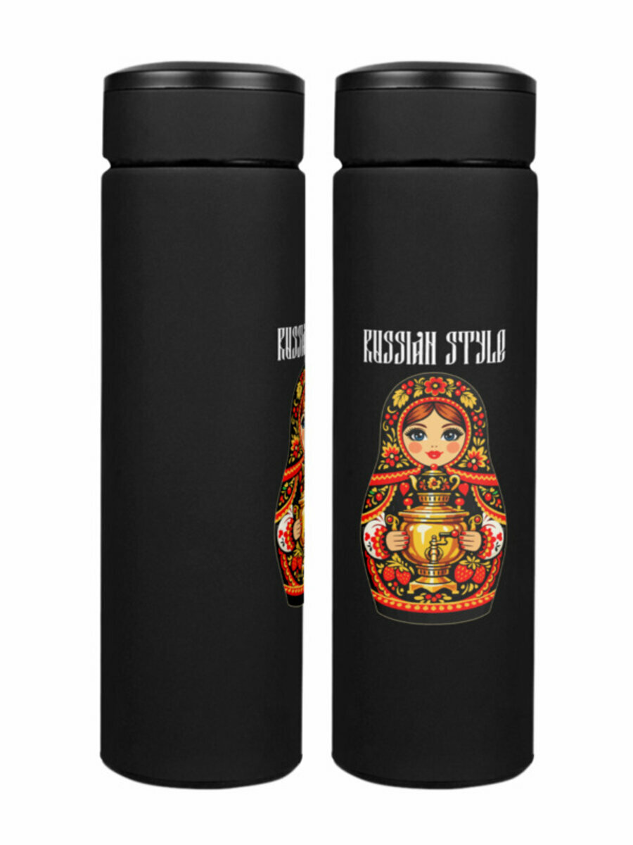 Термос «Русский узор хохлома - матрёшка с самоваром» (черный)