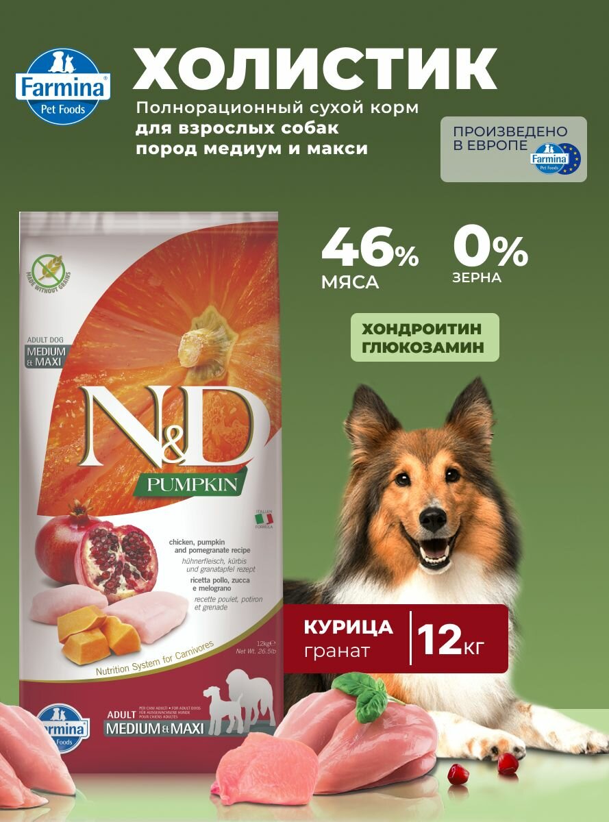 Cухой корм для взрослых собак Медиум Макси 12кг Курица беззерновой Farmina N&D Pumpkin Н&Д Тыква с курицей и гранатом