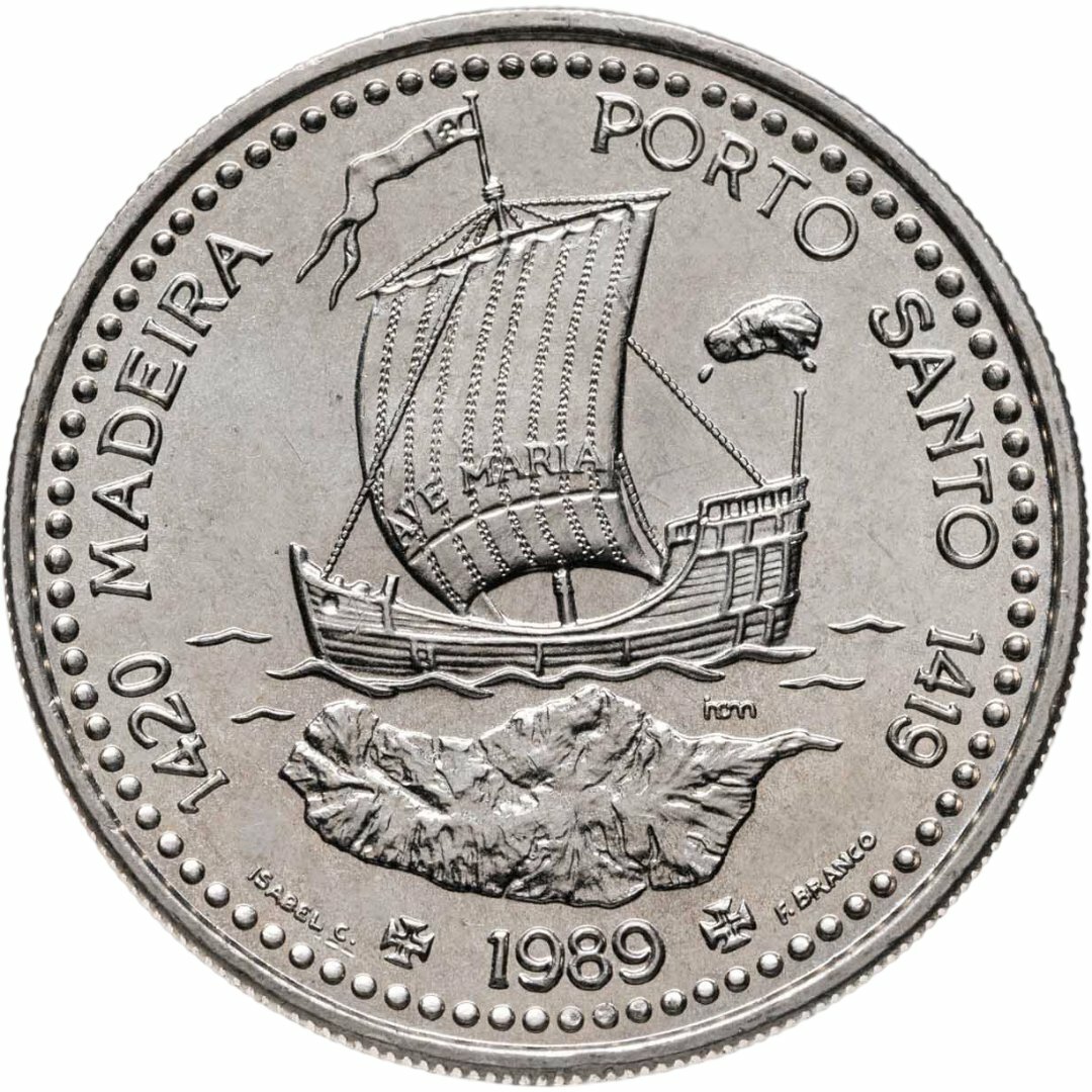 Португалия 100 эскудо escudos 1989 Золотой век открытий - Открытие острова Мадейра, Мельхиор медь-никель, в сохранности AU-UNC