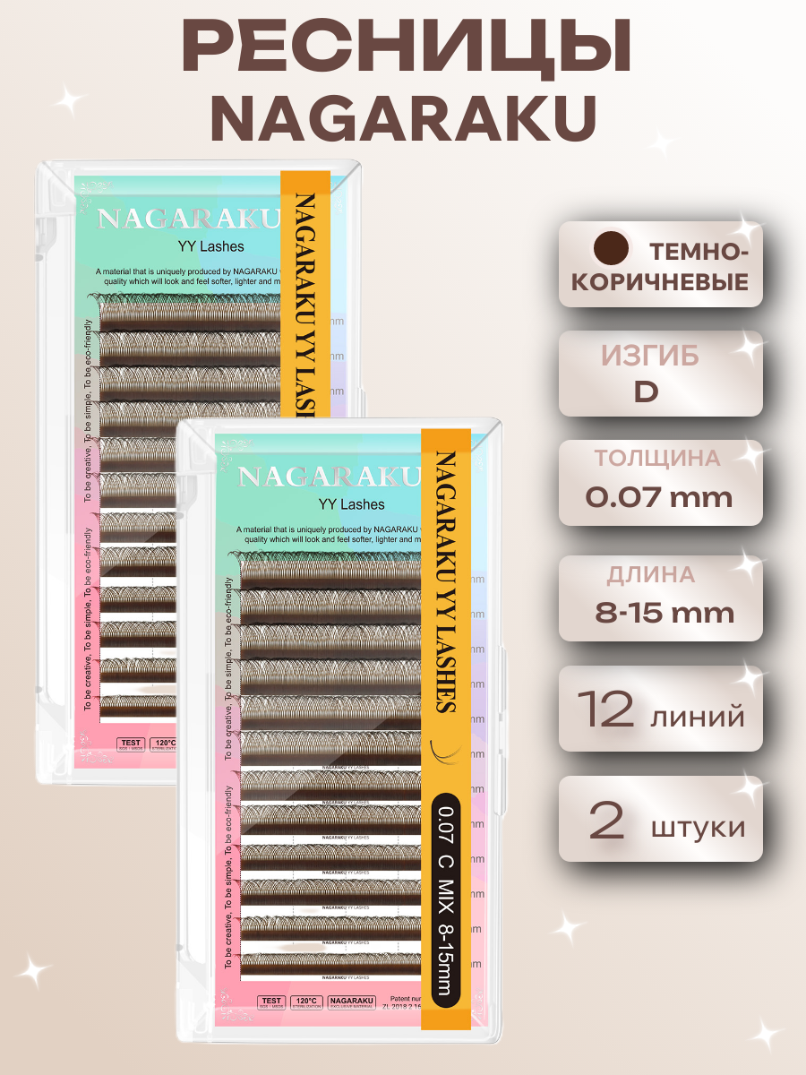 Ресницы пучки коричневые YY Nagaraku D 0.07 8-15, 2 шт