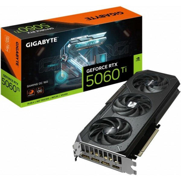 Видеокарта Gigabyte GeForce RTX 5060 Ti Gaming OC, NVIDIA RTX 5060 Ti, 16 ГБ GDDR7, 128 бит, PCI-e 5.0, 1xHDMI, 3xDP, 2647 МГц