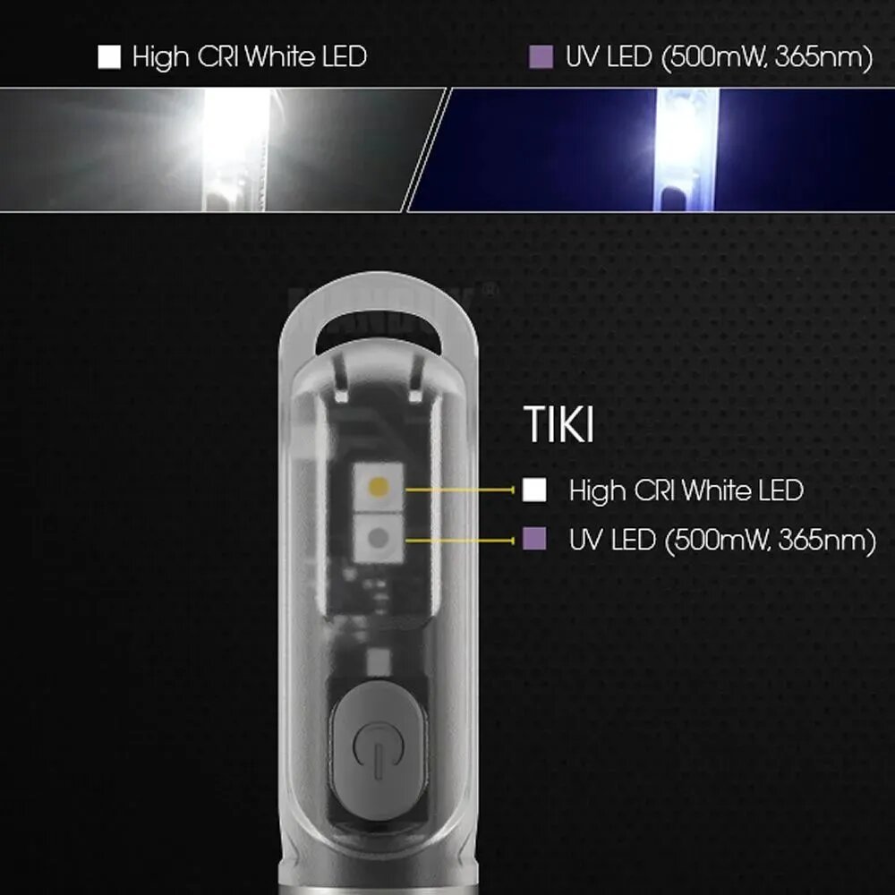 Фонарь-брелок Nitecore TIKI, ультрафиолетовый, красный, синий, встроенный аккумулятор, зеркальный — фото 1