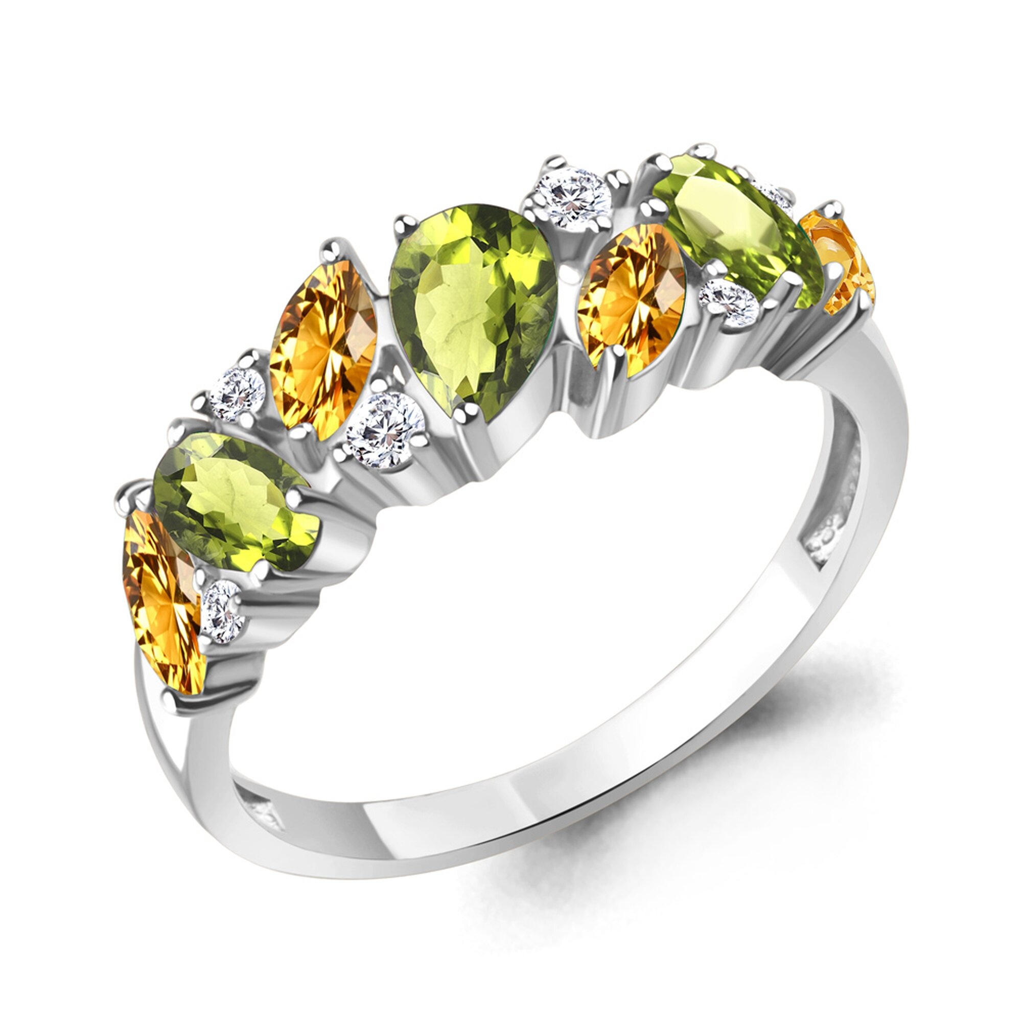 Кольцо, серебро, 925 проба, родирование, хризолит, фианит, цитрин