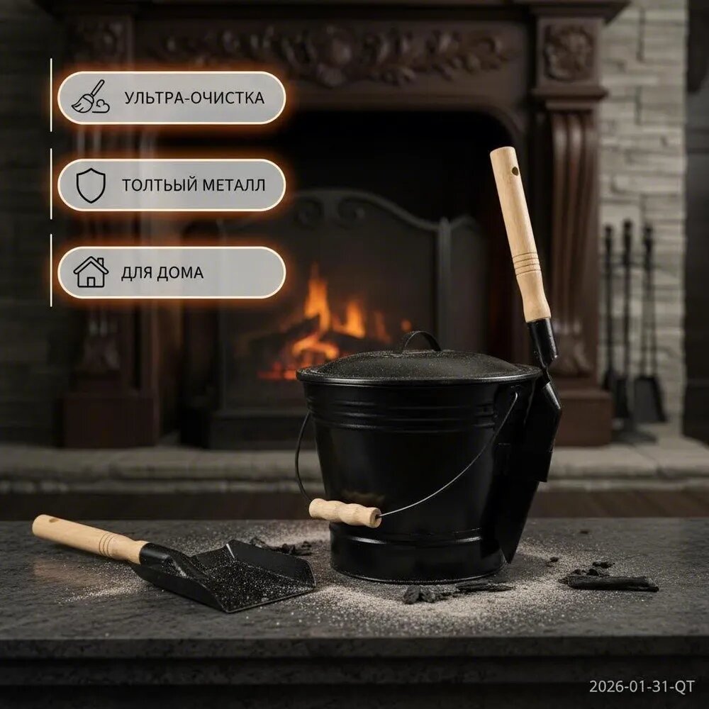 Набор для камина ведро с совком, металлический для чистки и уборки золы