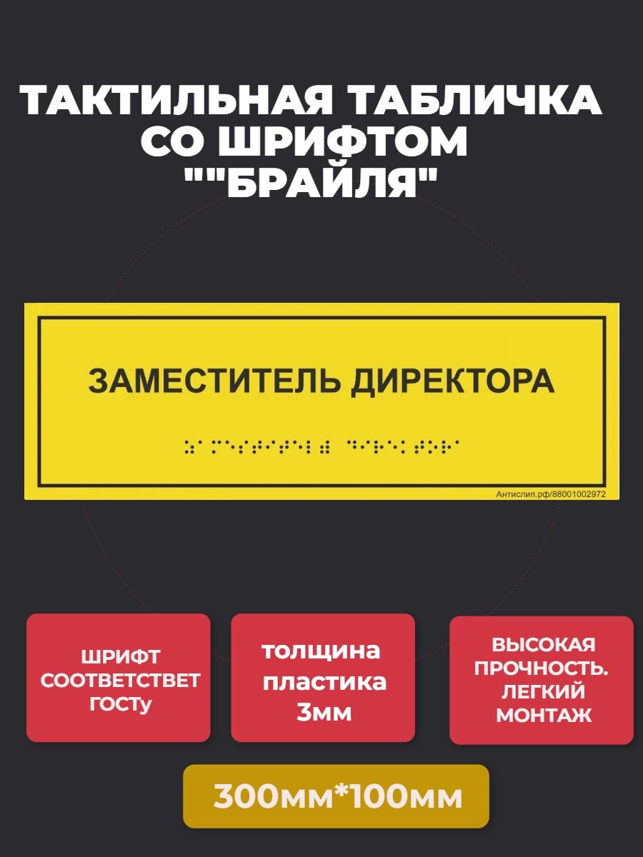 Тактильная табличка со шрифтом Брайля "Заместитель директора" 300*100мм на ПВХ 3мм