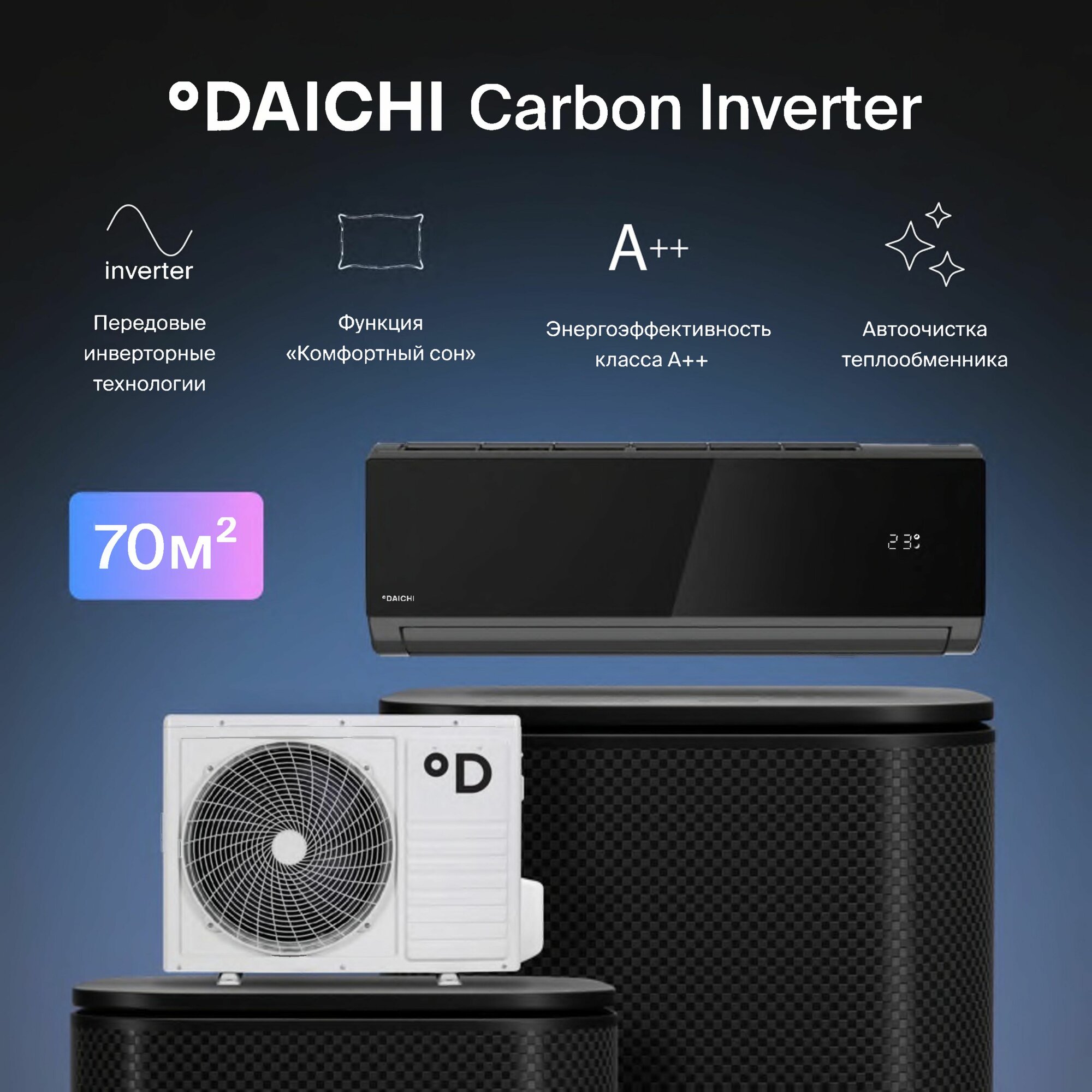 Настенная сплит-система инвертор Daichi Carbon DA70DVQS1R-B1/DF70DVS1R-1, для помещений до 70 кв. м.