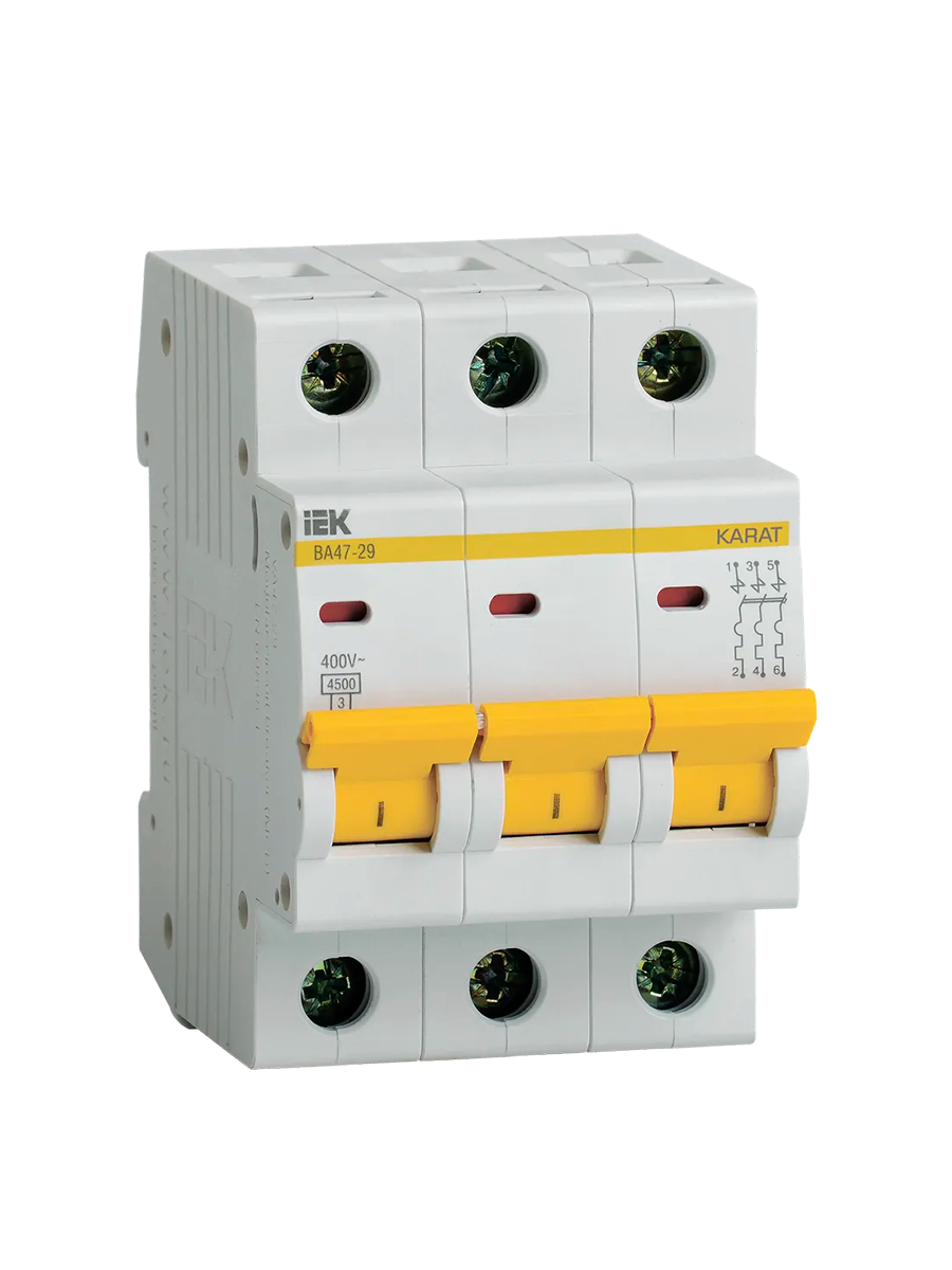 ВА47-29 Автоматический выключатель 3-полюсный, 63А 4,5kA (хар-ка C) ИЭК, MVA20-3-063-C