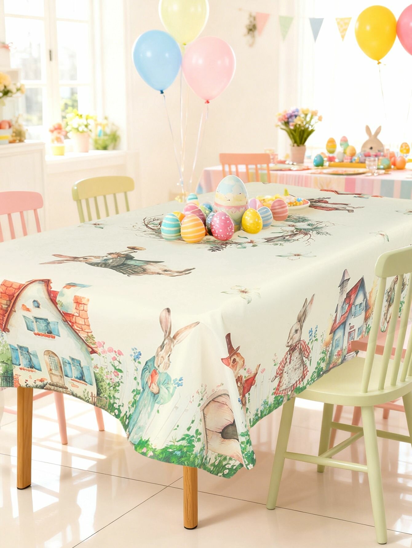 Скатерть пасхальная Happy Easter с кроликом и яйцами, 140x90 см