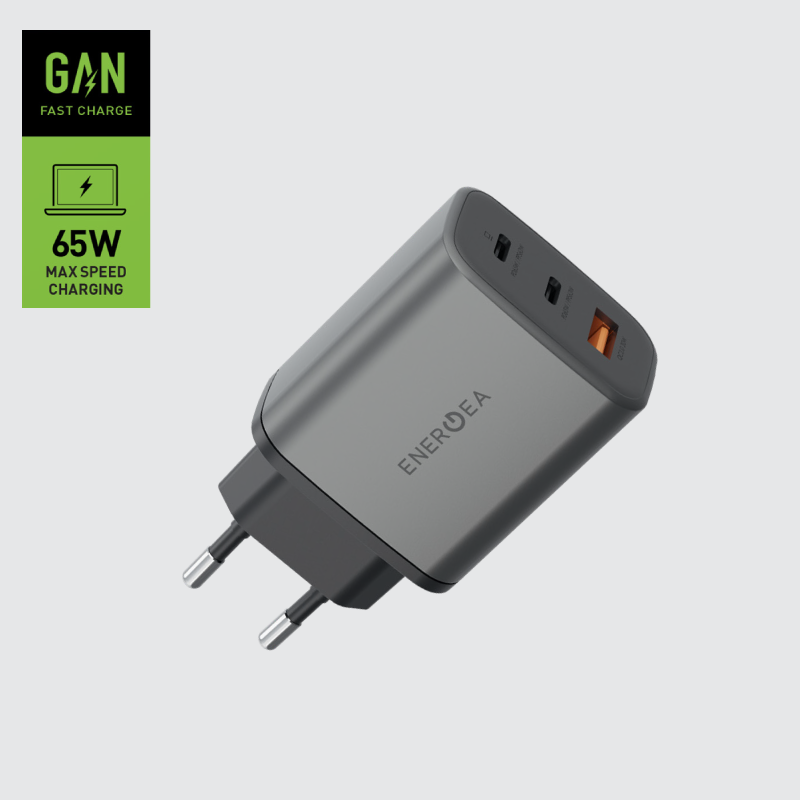 Сетевое зарядное устройство EnergEA AmpCharge GaN65 2хType-C - USB-A PD/PPS/QC3.0 63W, темно серый (Gunmetal)