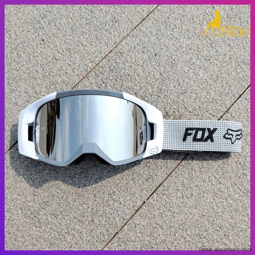 Мотоочки FOX белые с зеркальными линзами для езды, голубой цвет оправы