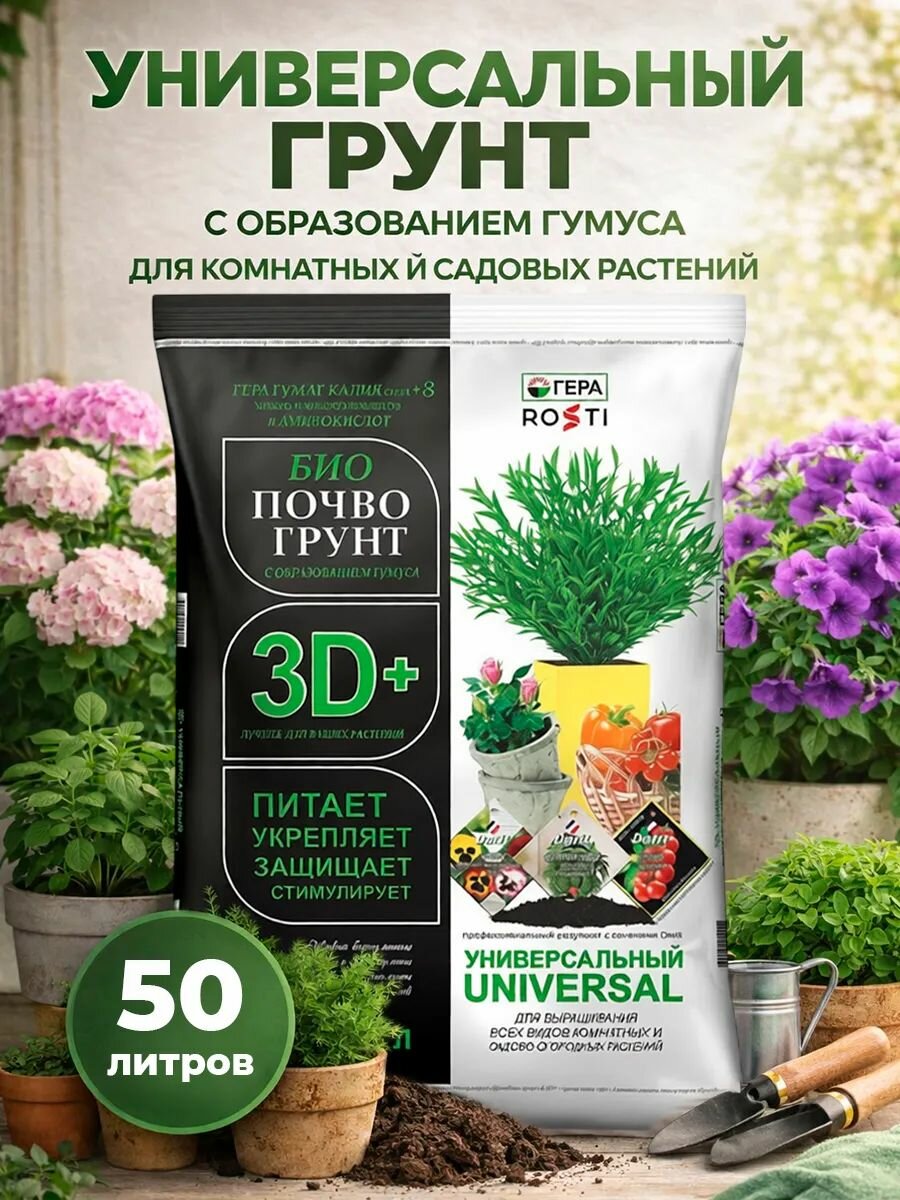 Грунт универсальный био Гера 3D+, 50л, для комнатных, садовых и огородных растений