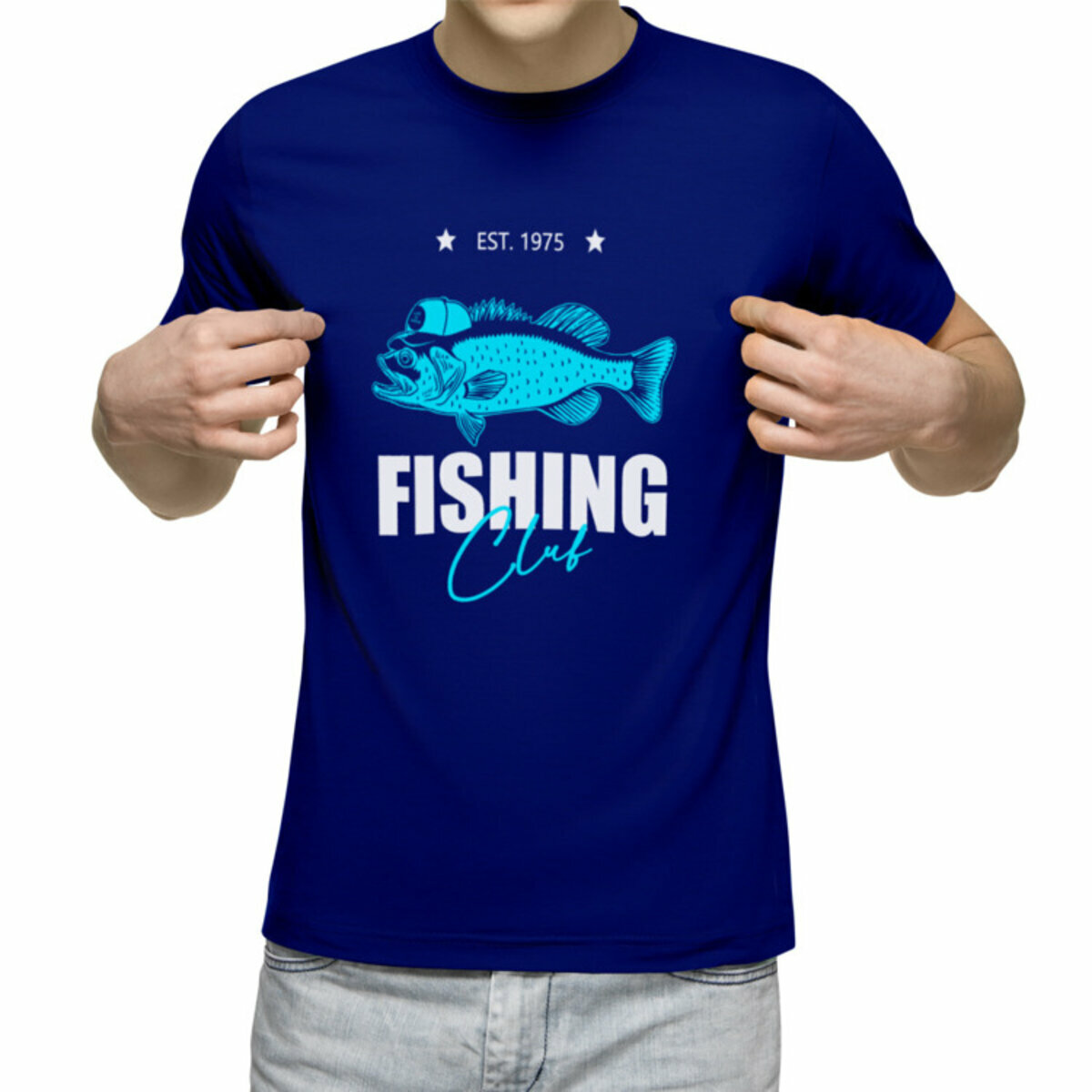 Мужская футболка «Рыболовный клуб. Рыбалка. Рыбка в кепке» (синий, 2XL)