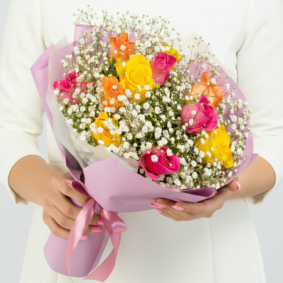 Дуо-букет Мегацвет24 "Роза и Гипсофила", разноцветный, дизайнерская упаковка