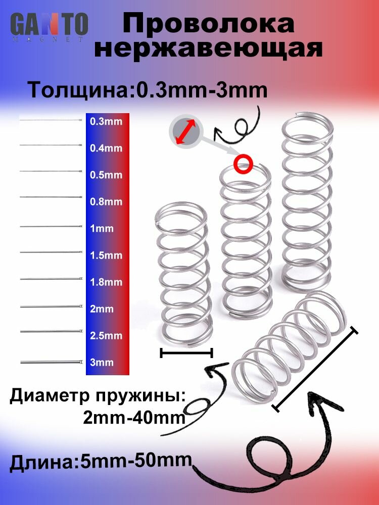 Пружина сжатия: диаметр проволоки d-0.3 мм; ширина D-6 мм; длина L-40 мм; 304 из нержавеющей стали---по 10 на упаковку