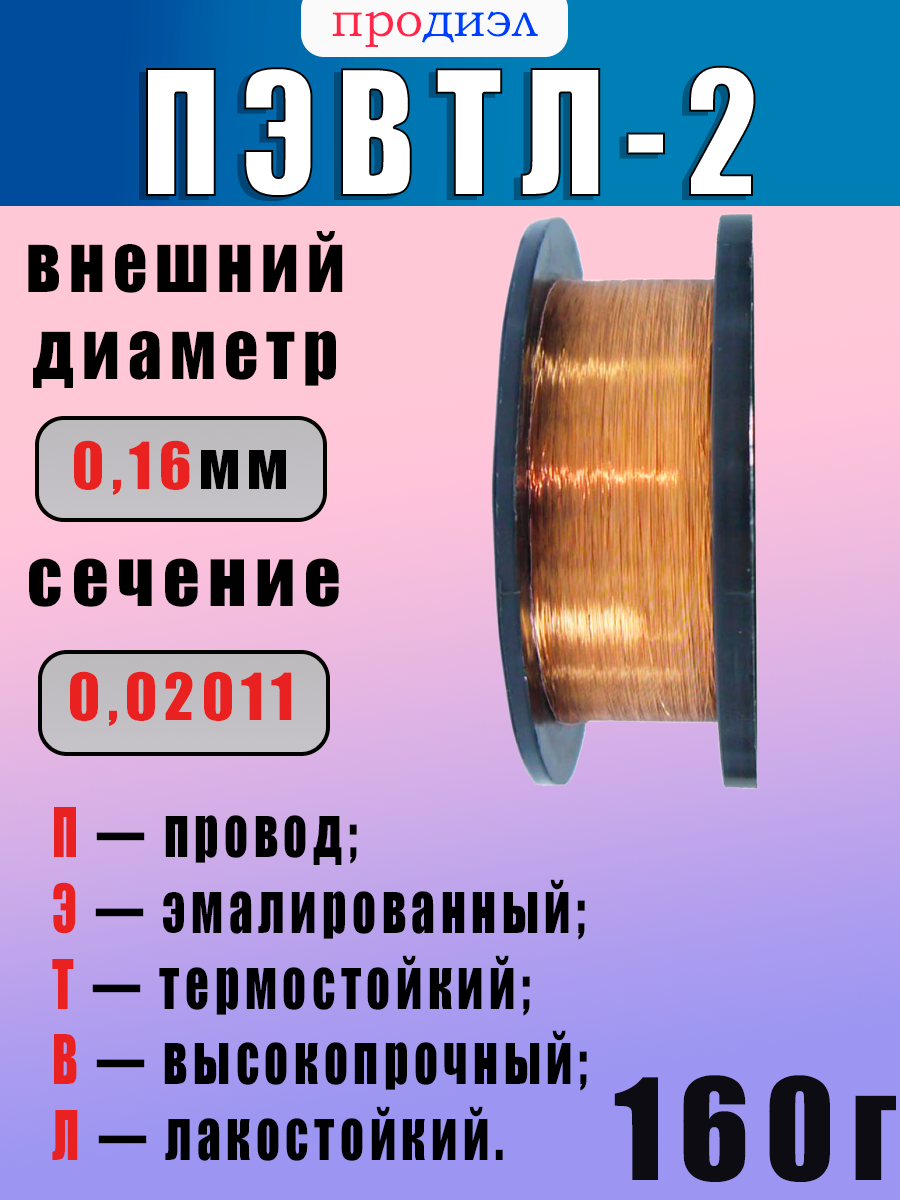 Обмоточный провод продиэл ПЭВТЛ-2 0,16мм, однопроволочная жила, лак, медь