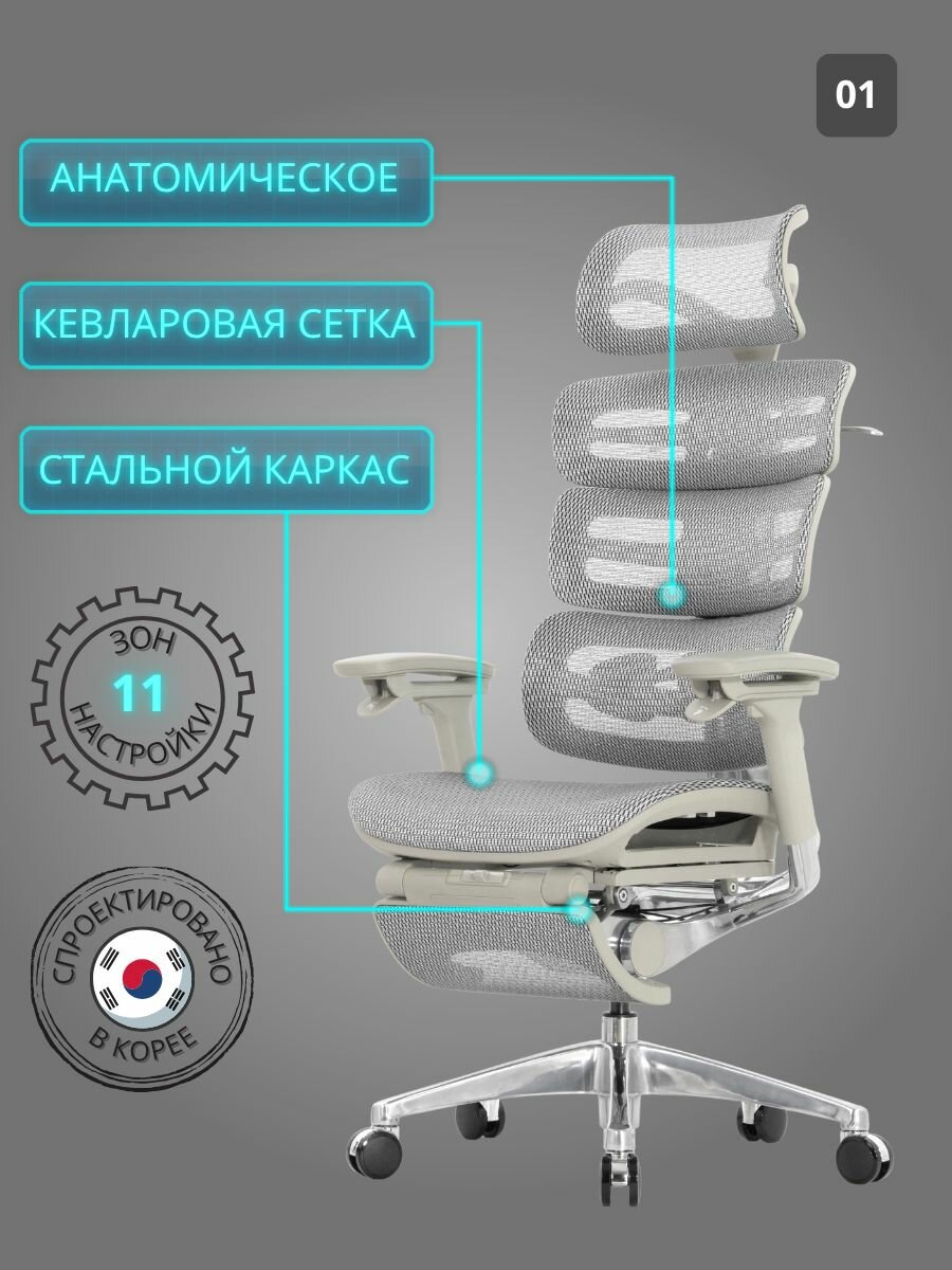 Кресло компьютерное офисное FALTO Evolution с подножкой (сетка белая, каркас серый) ортопедическое для руководителя, игровое, на колесиках, эргономичное анатомическое, арт. ERGOFAY-E-A-L-G-F-GY-W