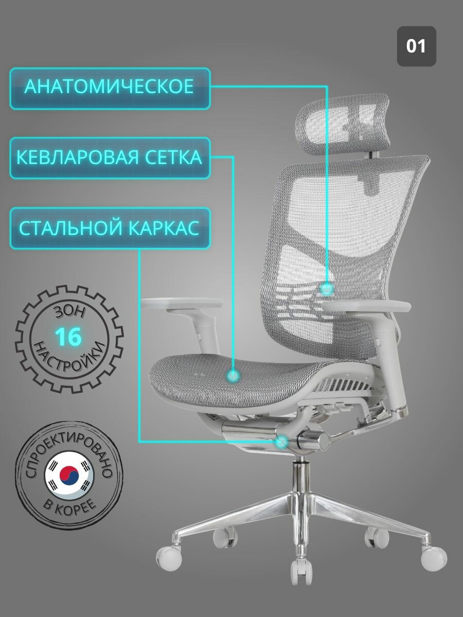Эргономичное офисное кресло FALTO Star 2 - серое (каркас светлый), арт. HSTM-01-NG-W-6D