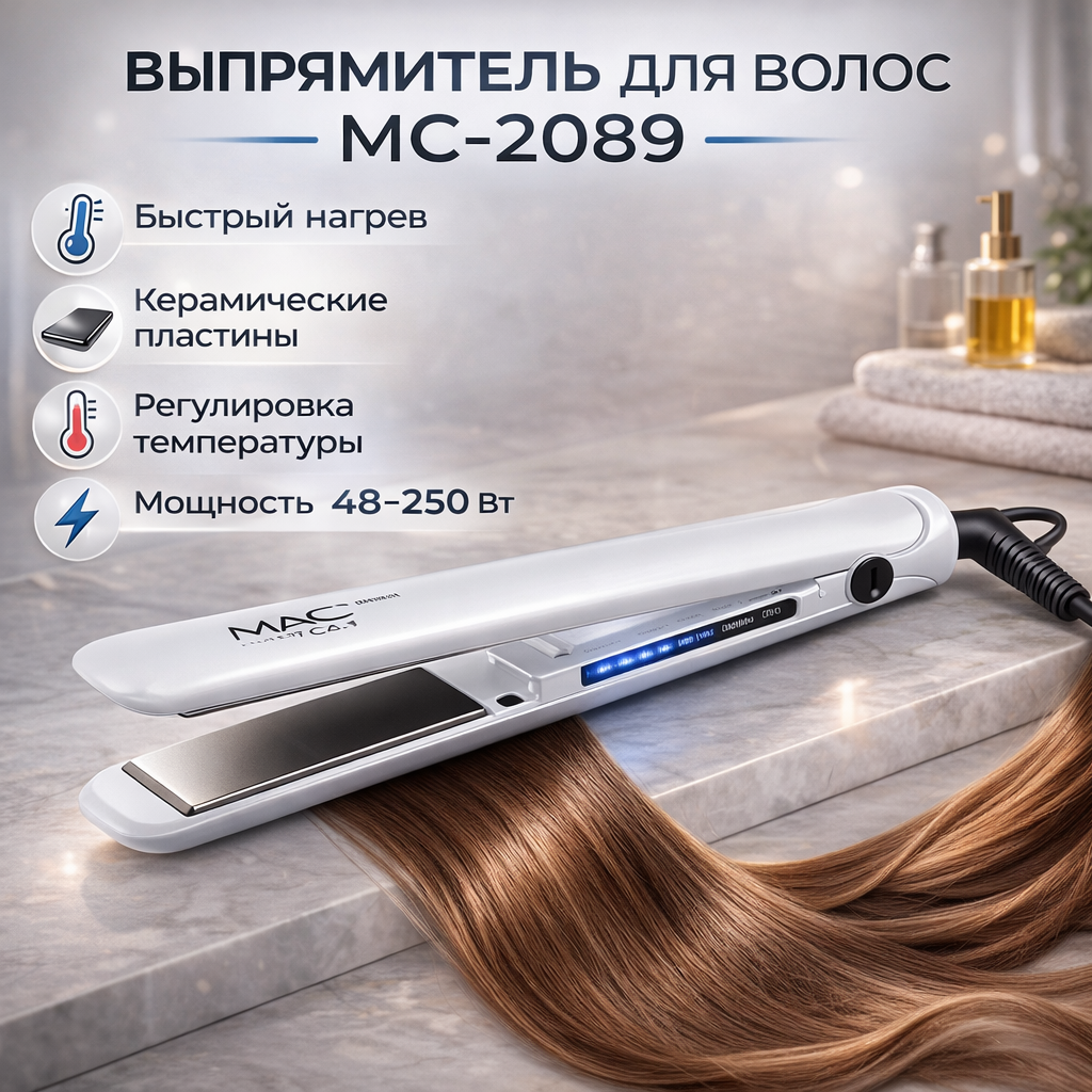 Выпрямитель для волос MC-2089 с керамическими пластинами и регулировкой температуры ElectroD