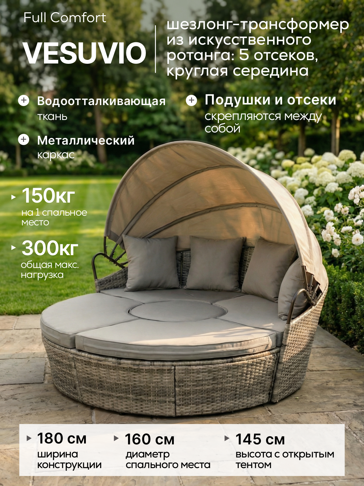Шезлонг круглый садовый из искусственного ротанга Full Comfort - VESUVIO (180x145 см), 5 отсеков, круглая середина серый