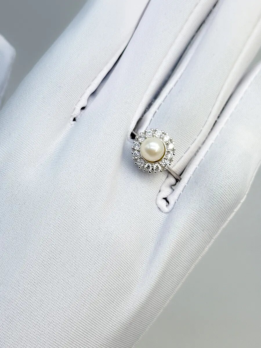 Кольцо, серебро, 925 проба, родирование, фианит, жемчуг