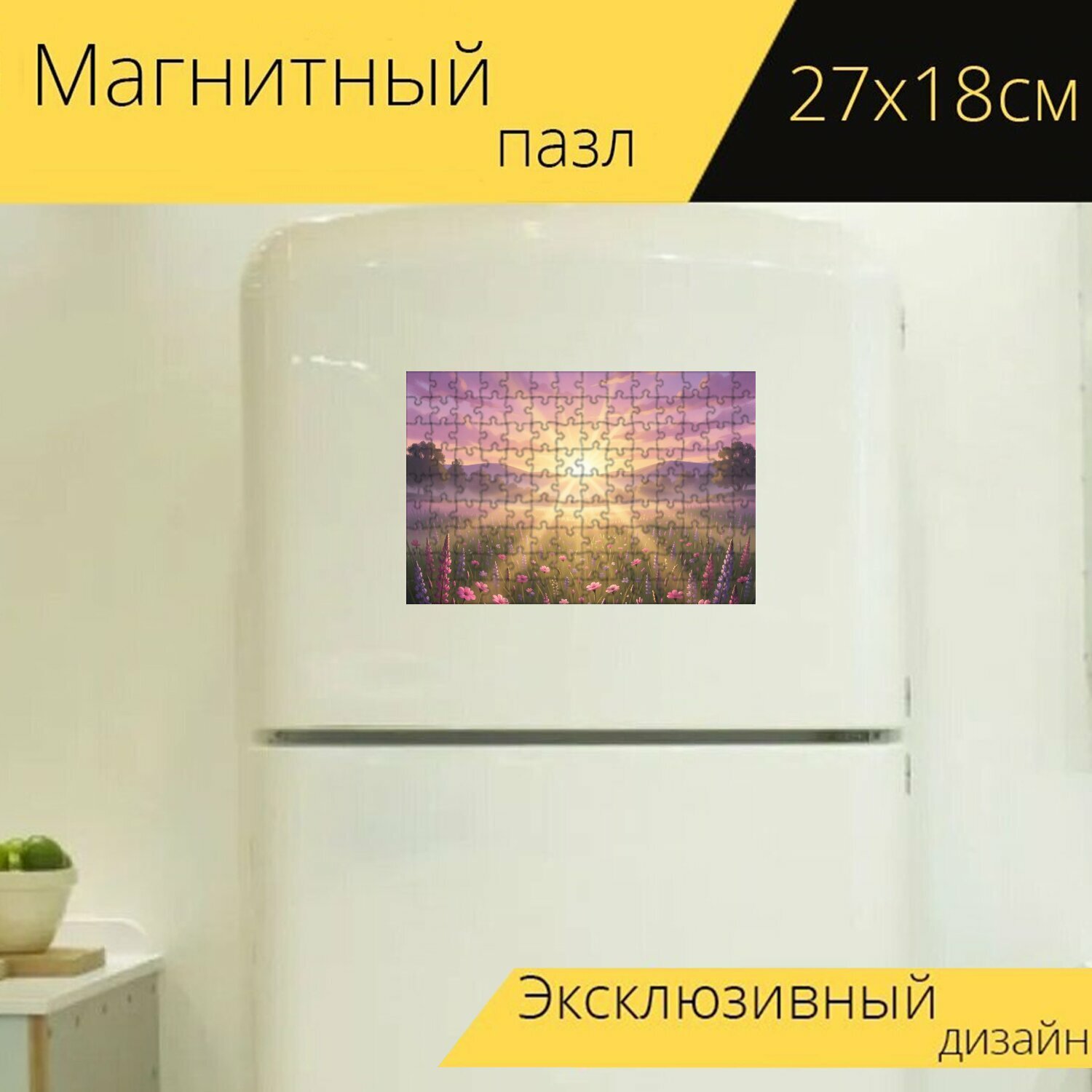 Магнитный пазл "Рассвет над цветочным лугом. Пастельный пейзаж с сияющим небом, мягкими лучами солнца, туманными холмами и полем диких цветов." на холодильник 27 x 18 см.