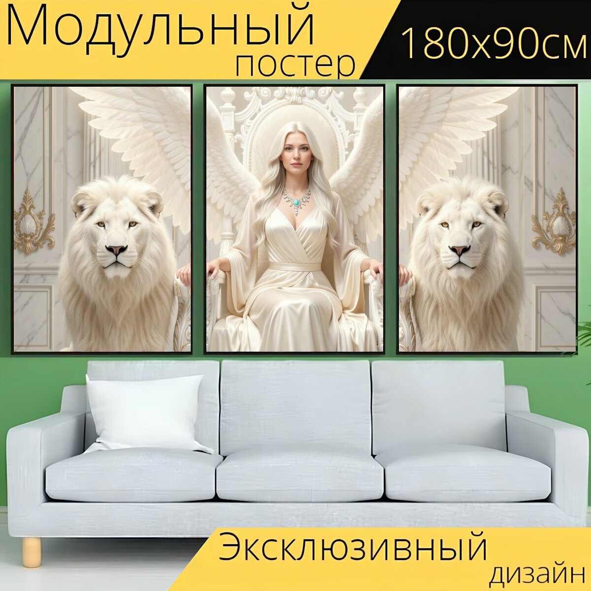 Модульный постер "Ангел на троне с львами. Фэнтезийная королева с белоснежными крыльями сидит в роскошном дворцовом интерьере с." 180 x 90 см. для интерьера на стену в тубусе