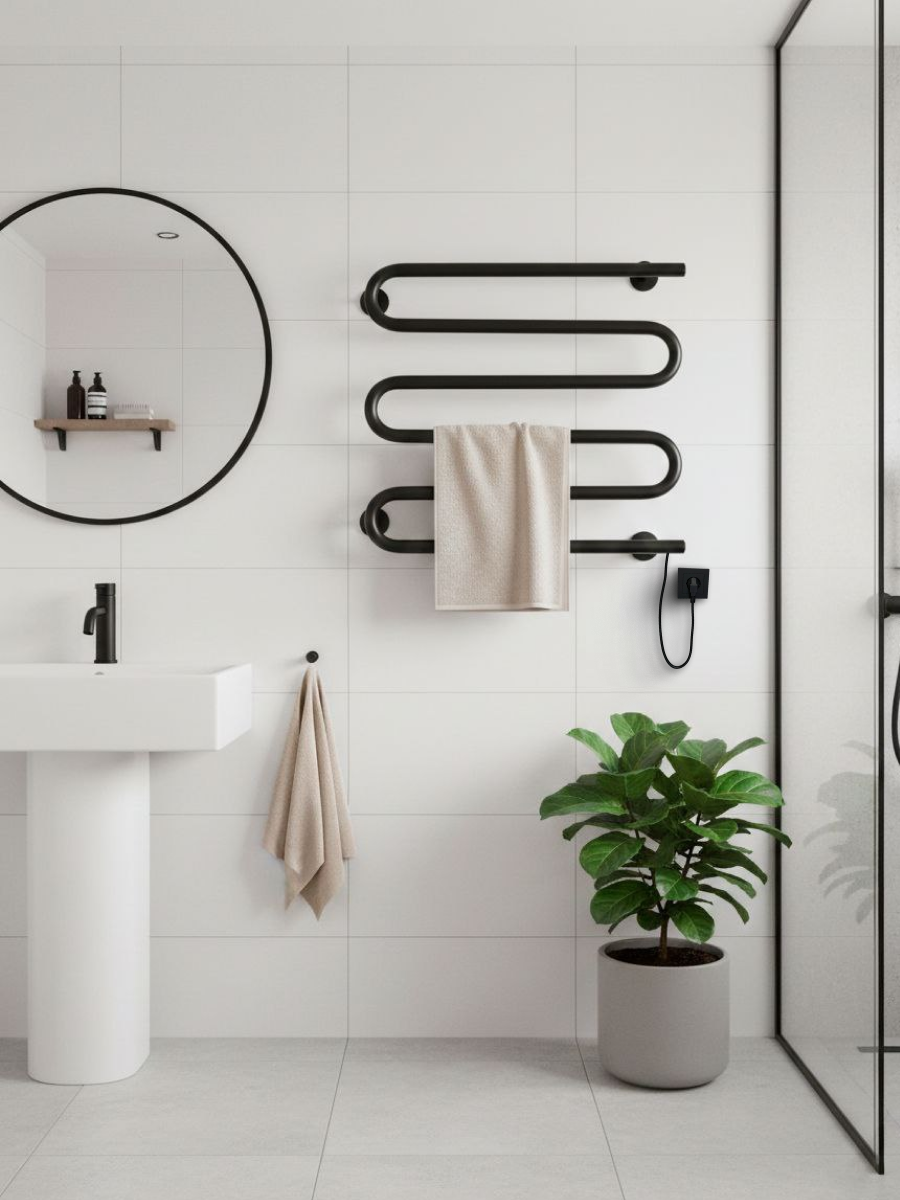 Полотенцесушитель электрический 600х500мм М-образный черный матовый правое подключение / змейка 600мм 500мм черный 80Вт