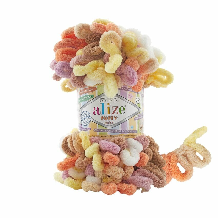 Пряжа для вязания Puffy Color Alize 1 моток (9 м, 100 гр), цвет 6531 желтый-бежевый-белый-персик-сирень