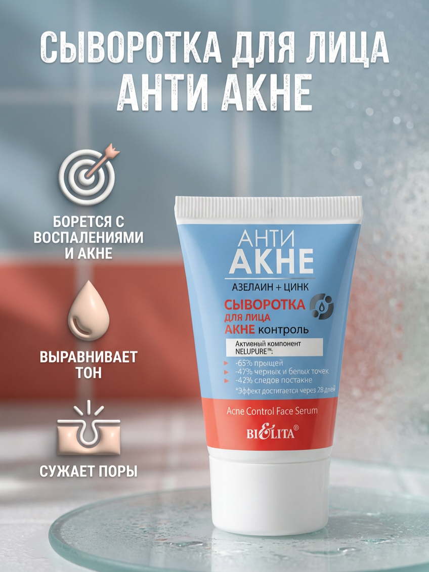 Сыворотка для лица от акне и прыщей "Акне контроль" цинк и азелаин 30 мл Белита