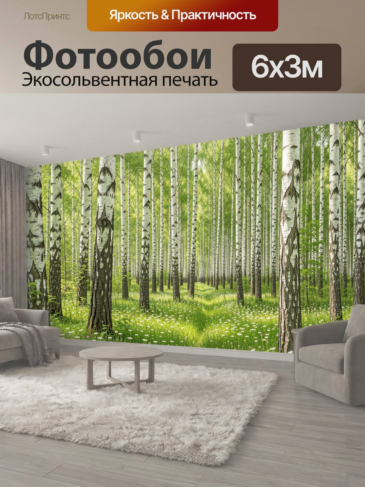 Фотообои "Березовая роща с ромашками. Светлый лесной пейзаж с высокими белоствольными деревьями, сочной зеленой травой и полевыми цветами. Нежная." 600x300 см. экосольвентная печать